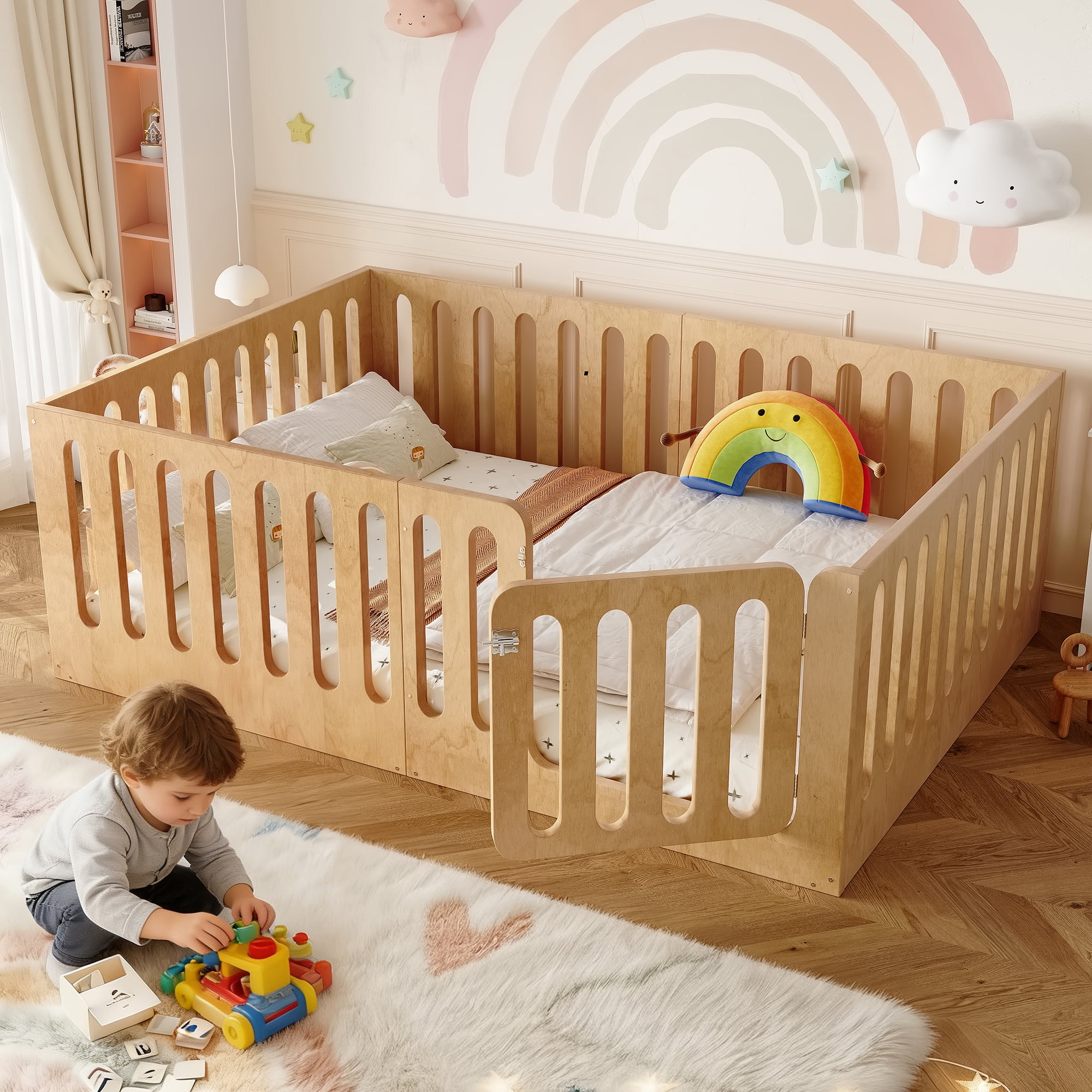 LHYY Full Size Floor Bed with High Fence for ,Solid Wood Bed with Door ...