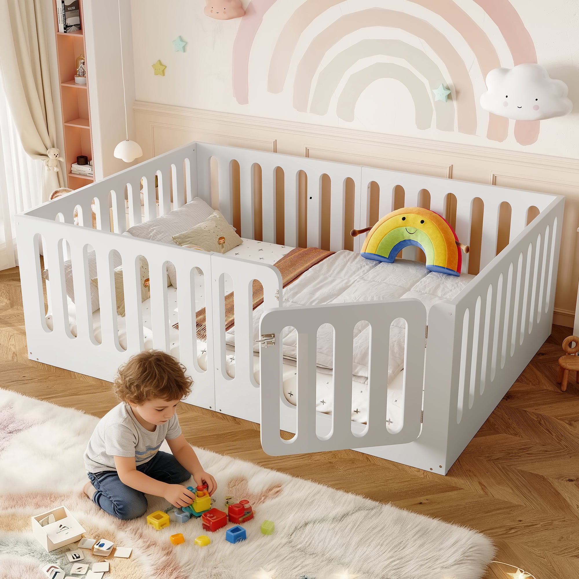 LHYY Full Size Floor Bed with High Fence for ,Solid Wood Bed with Door ...