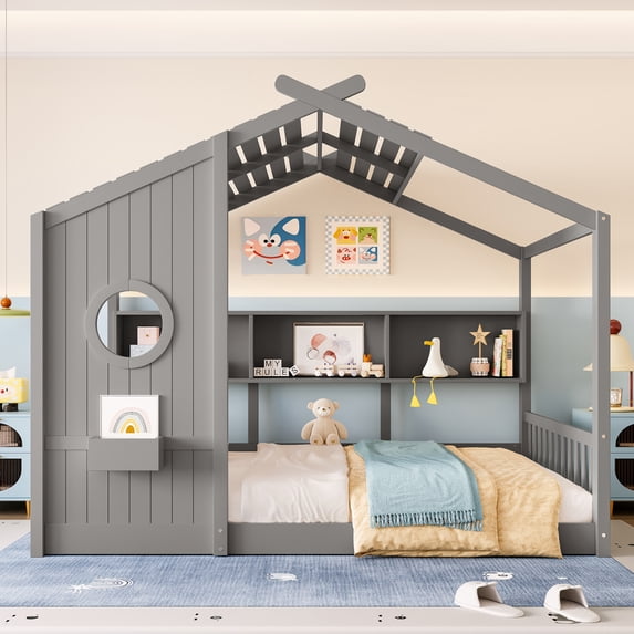 LHYY Full Size Floor House Bed for , Bed with Storage Shelf,Playhouse ...