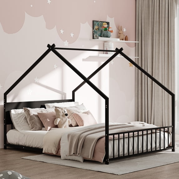 LHYY Full Size House Bed with Roof and Colorful Lights,Metal Bed Frame ...