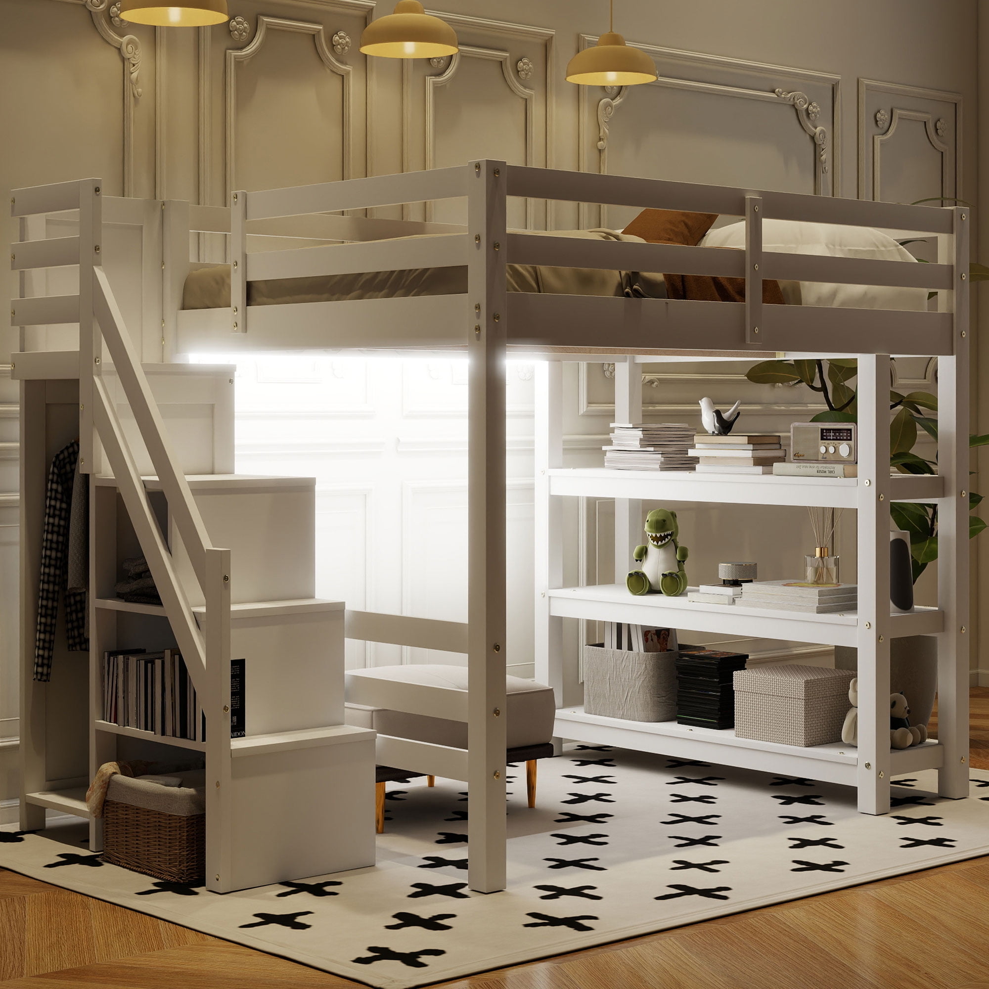 LHYY Full Size Loft Bed with Shelves,Storage Staircase,Small Wardrobe ...