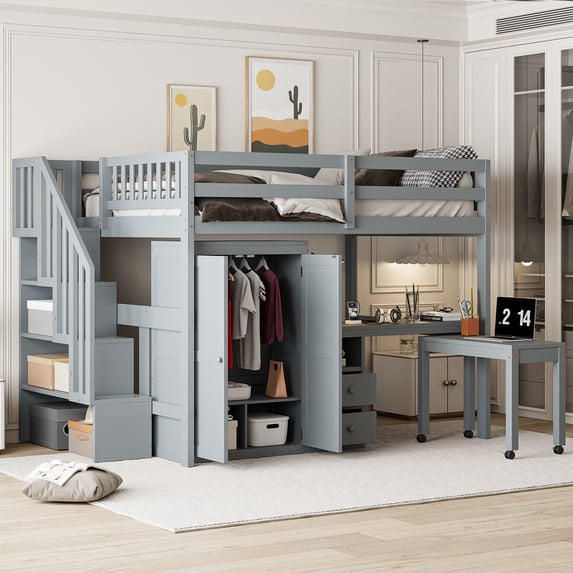 LHYY Full Size Loft Bed with Stairs,Bookshelf,Drawers,Desk Wardrobe ...