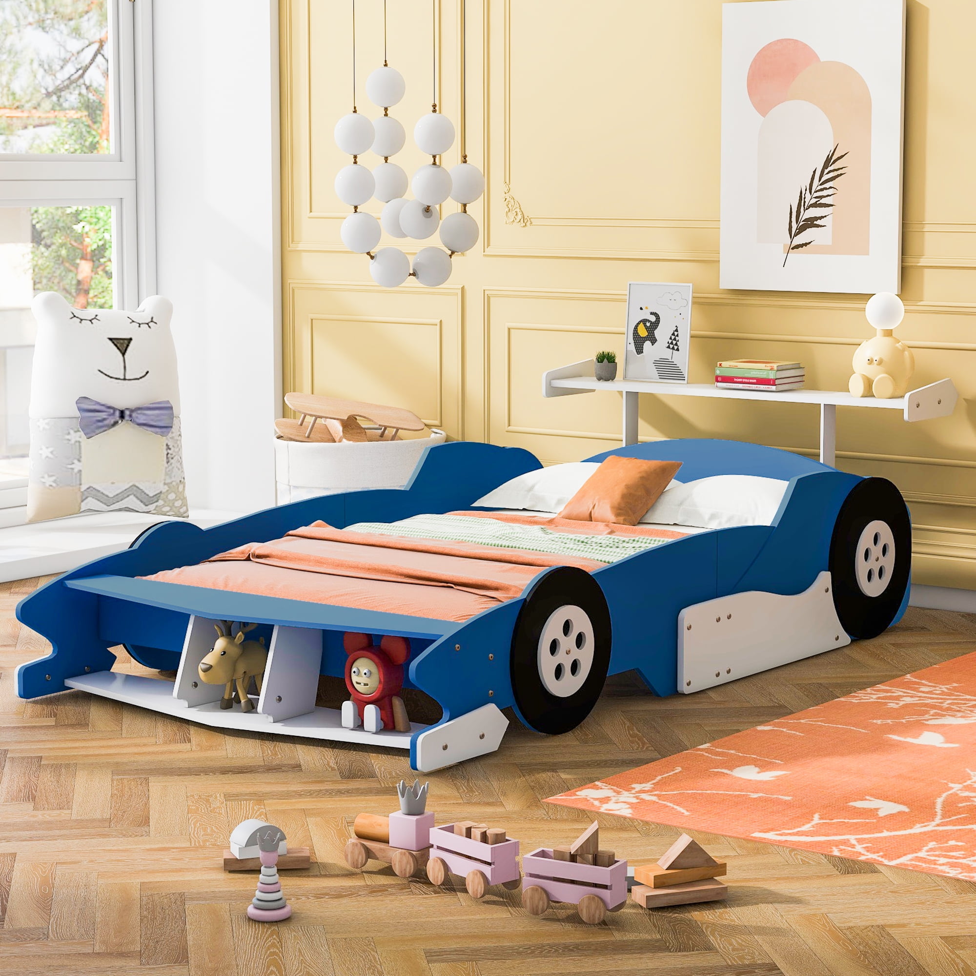 LHYY Full Size Race Car-Shaped Platform Bed with Wheels,Blue - Walmart.com