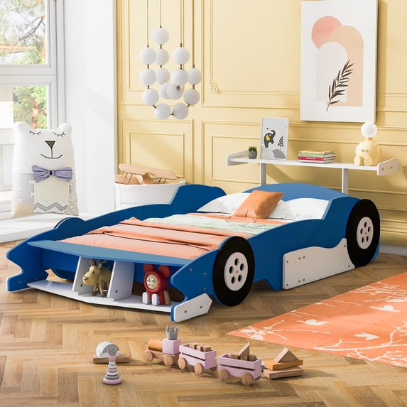 LHYY Full Size Race Car-Shaped Platform Bed with Wheels,Blue - Walmart.com
