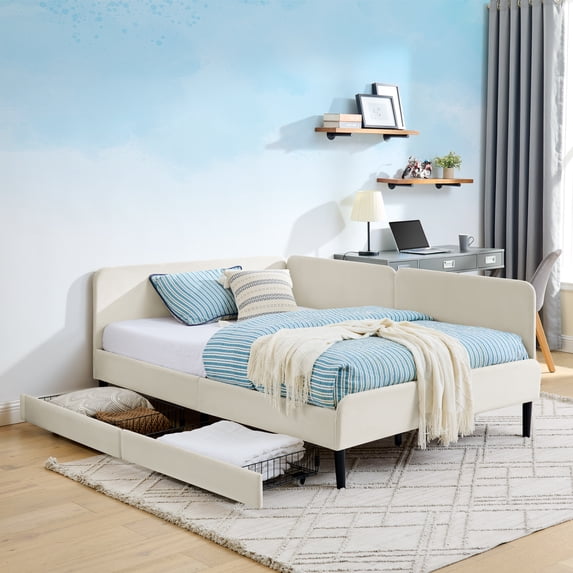 LHYY Full Size Upholstered Platform Bed Frame with 2 Storage Drawers ...