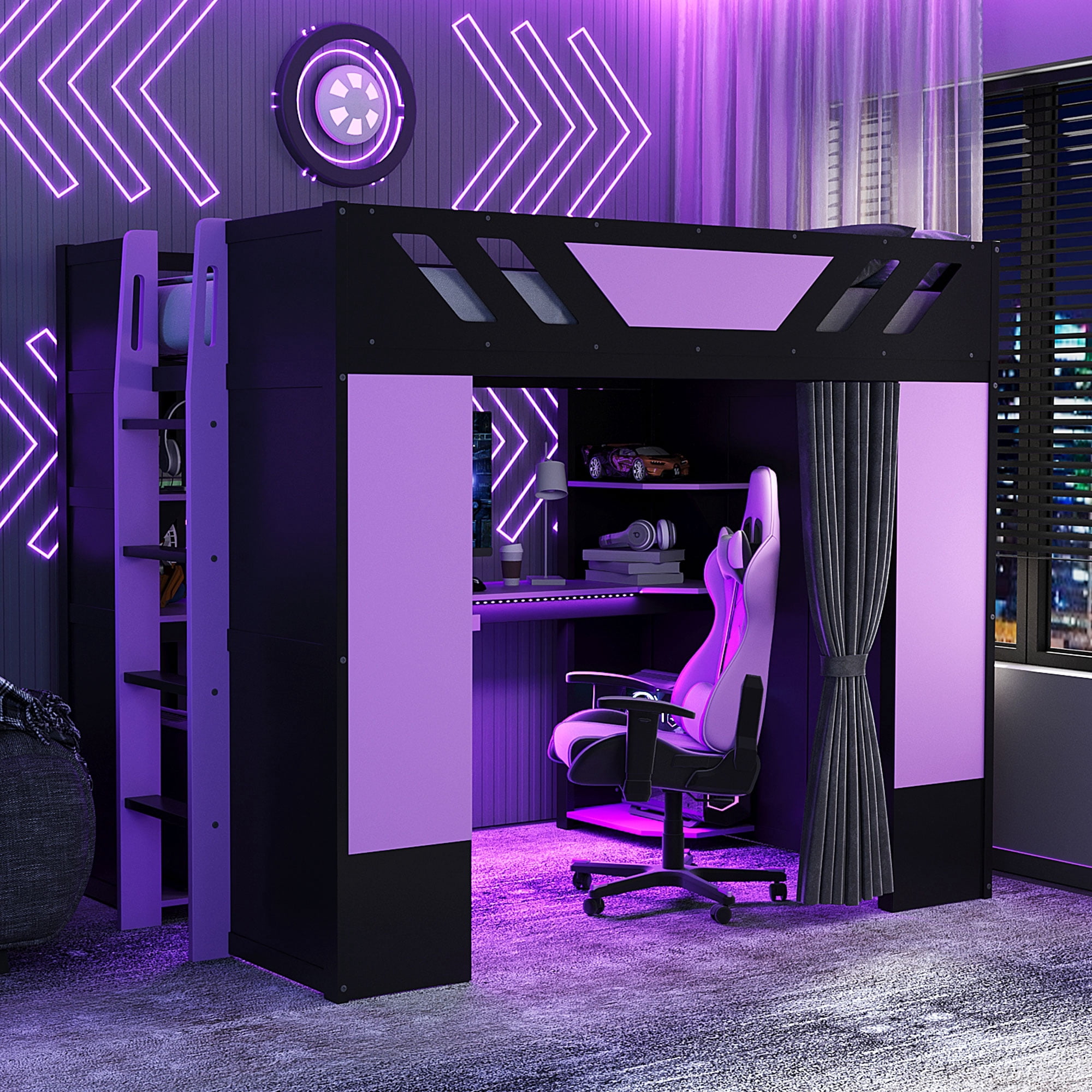 LHYY Full Size Wood Loft Bed with,Shelves,Blackout Curtains,and RGB ...