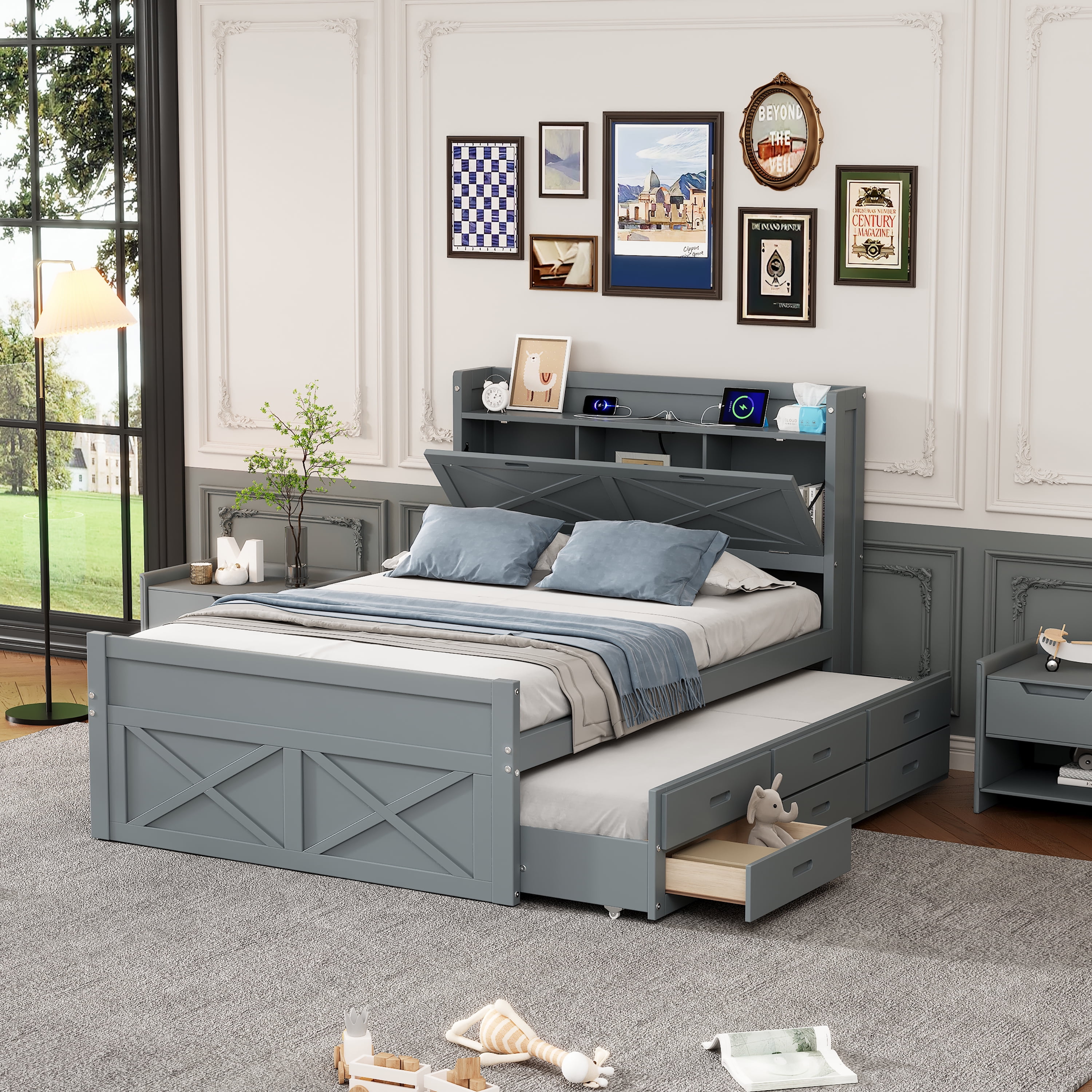 LHYY Full Size Wooden Bed with Storage Headboard with Outlets ...