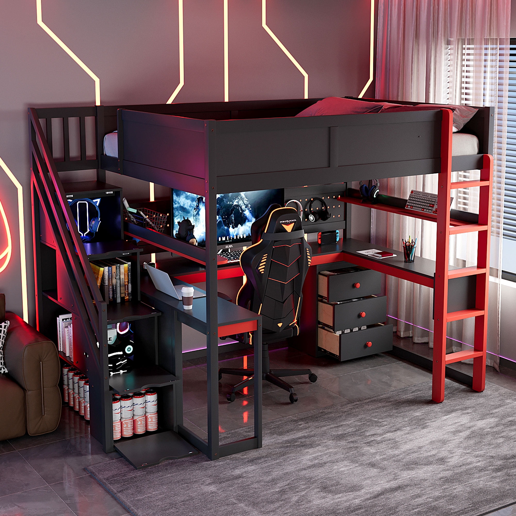 LHYY Full Size Wooden Gaming Loft Bed with Storage Stairs,Desk,Shelves ...