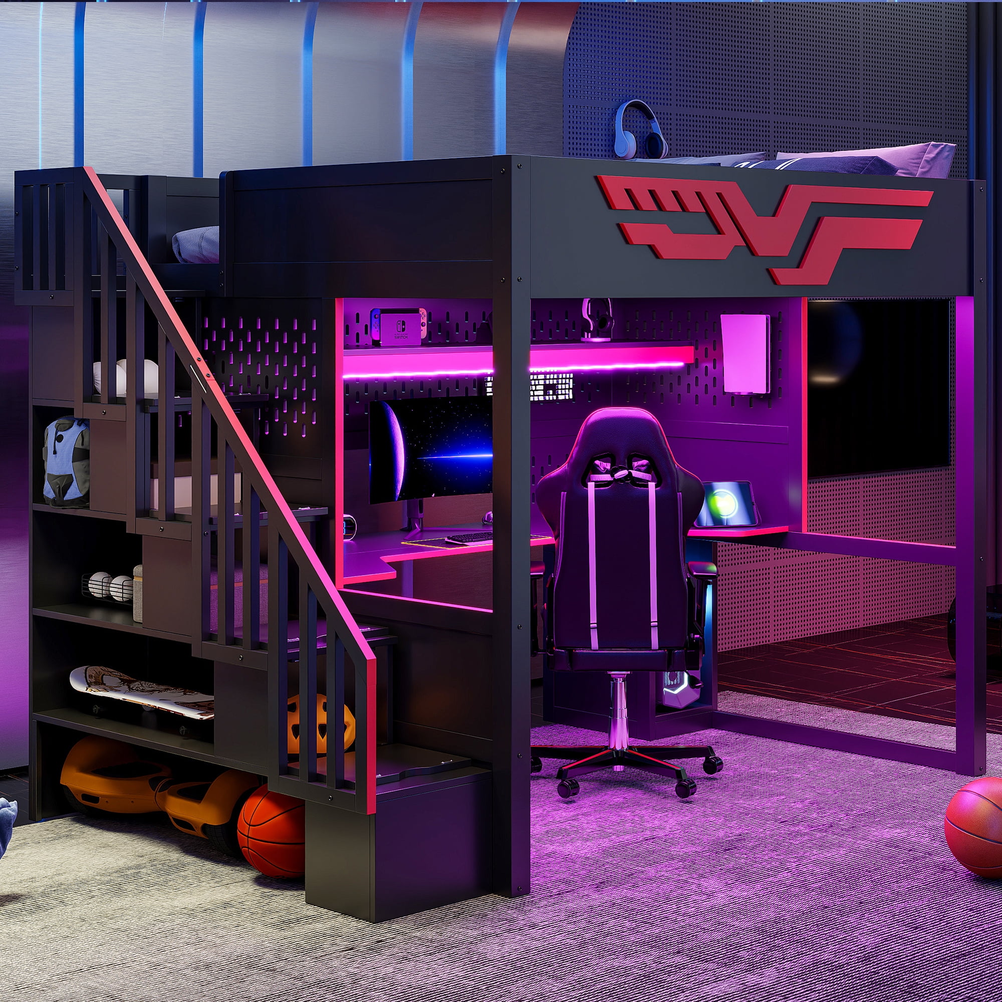 LHYY Gaming Loft Bed with Desk and Storage Staircase,LED Lights and USB ...