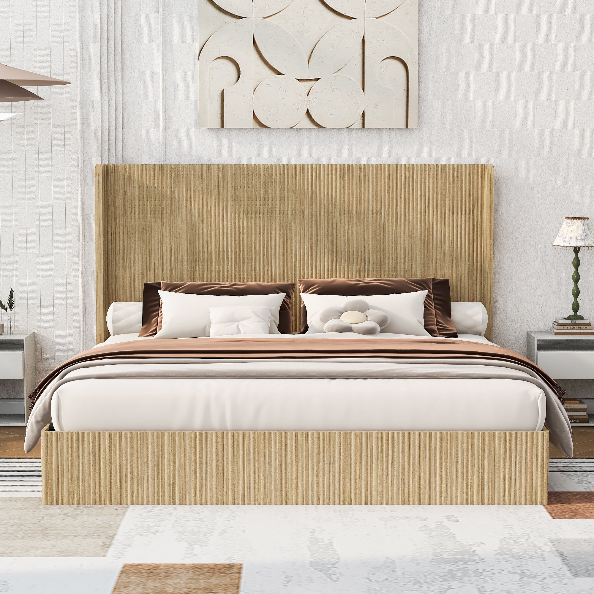 LHYY King Size Mid-Century Fluted Wood Bed Frame,Tall Wingback ...
