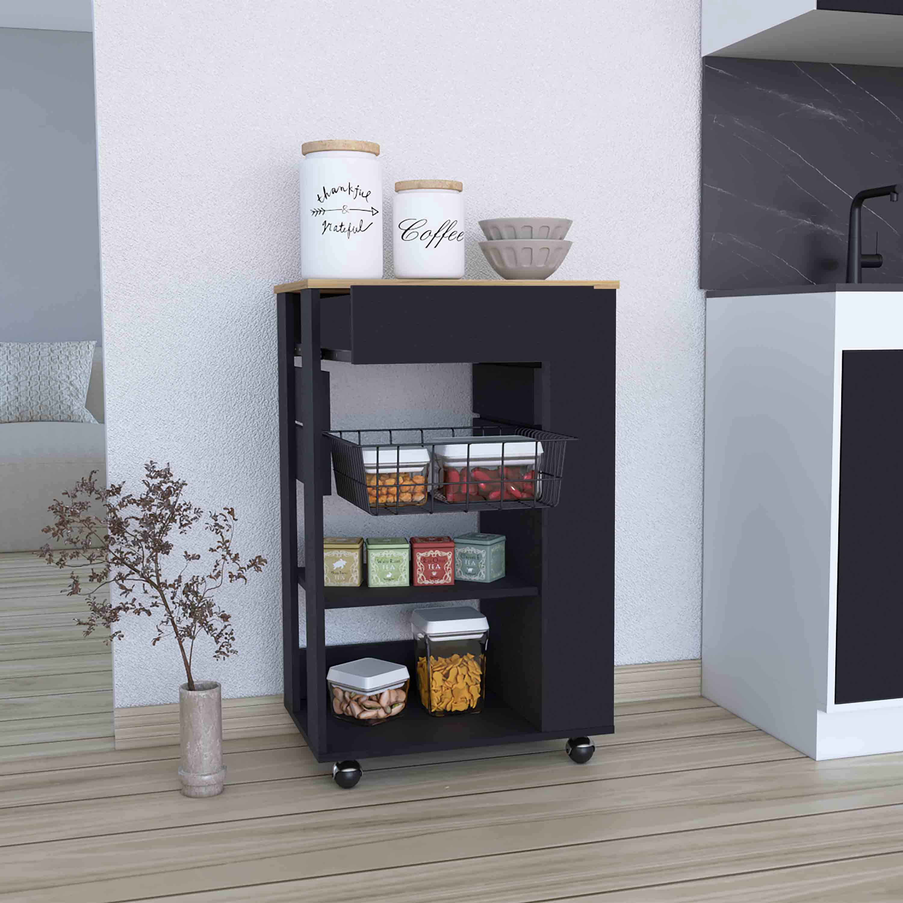 LHYY Kitchen Cart, One Drawer,Two Open Shelves,Four Casters-Black/Light ...