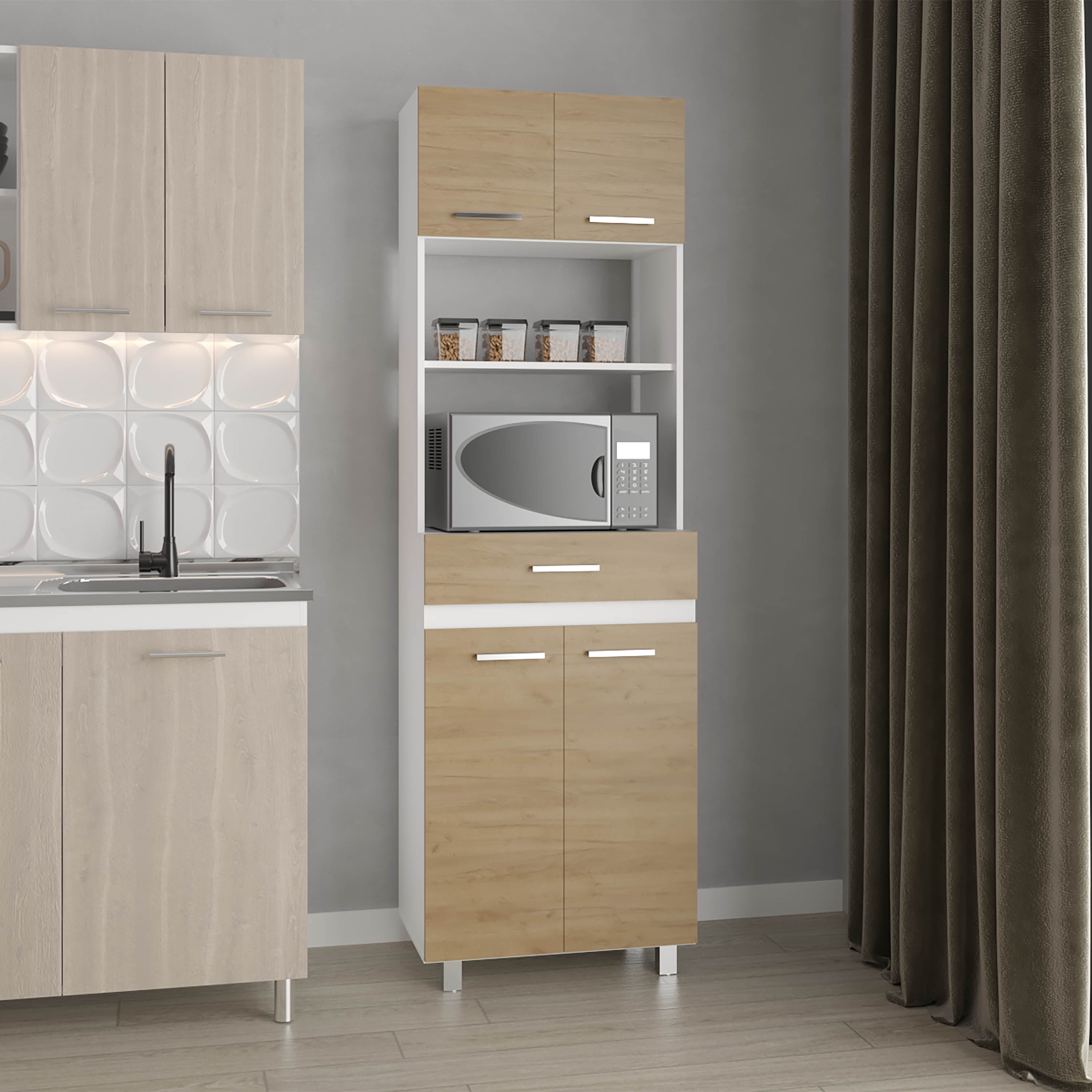 LHYY Kitchen Pantry,4 Doors,1 Drawer,4 Legs,4 Shelves,Natural Oak/White ...