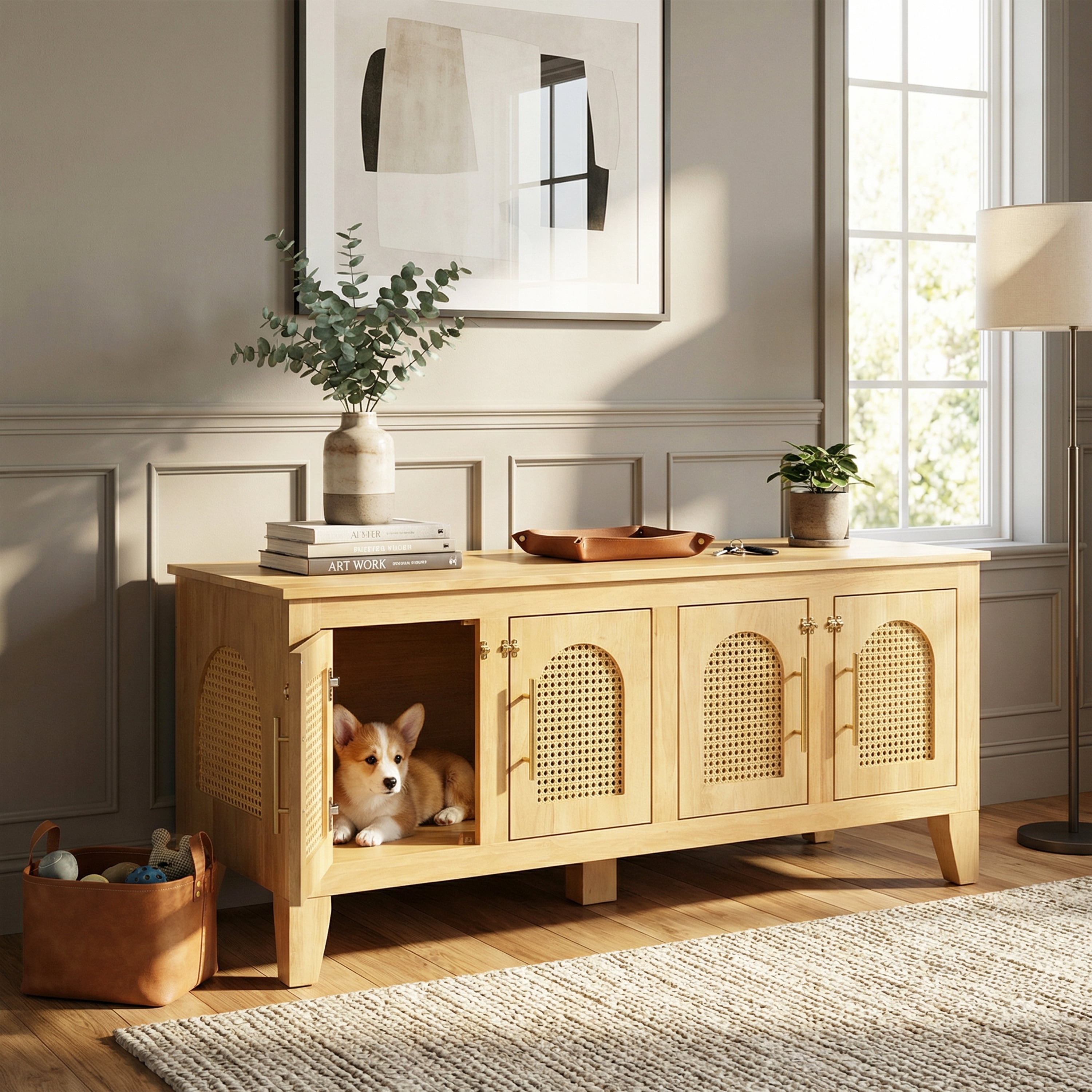 LHYY Lars Indoor Rattan Decorated Rubber Wood Dog Crate Cabinet–Stylish ...