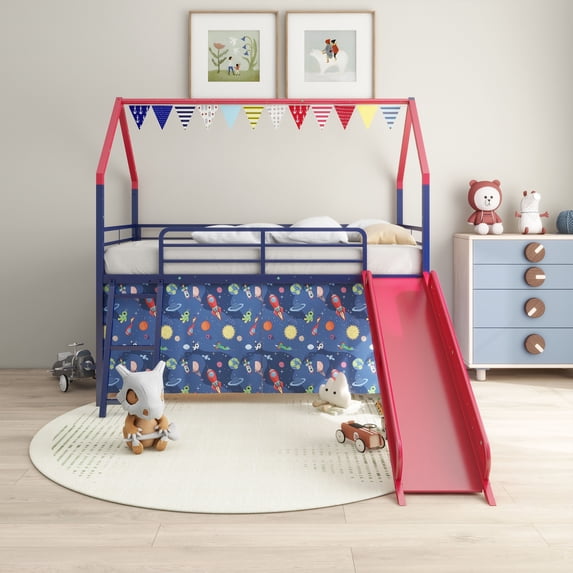LHYY Metal Junior House Twin Loft Bed with Slide and Curtain Set,Super ...