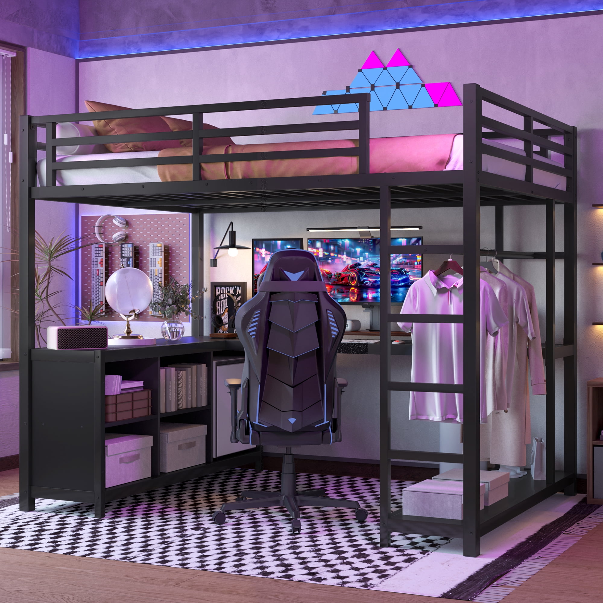 LHYY Metal Loft Bed with Wardrobe and L-shaped Desk,Full Size Loft Bed ...