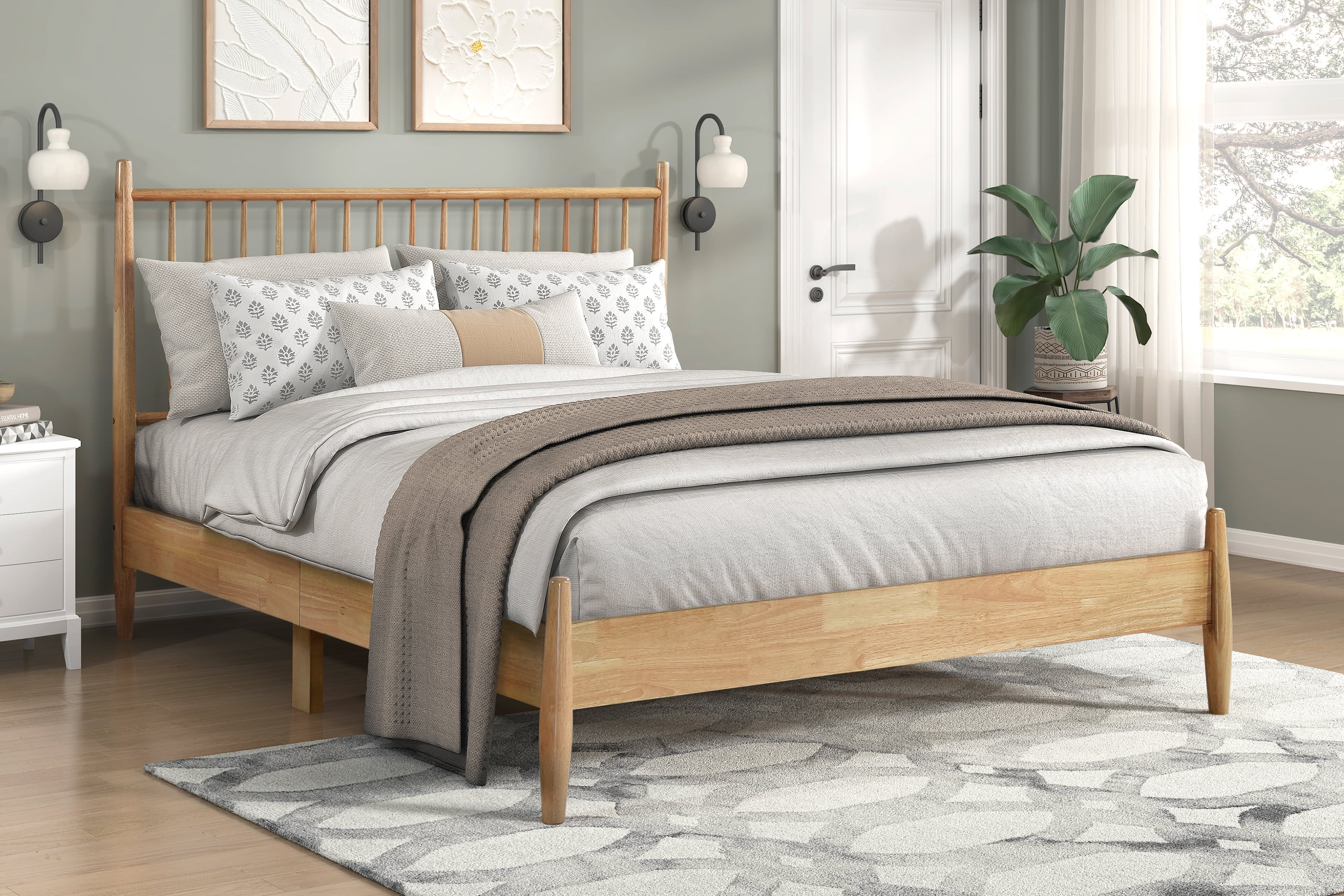LHYY Mid-Century Modern Design Full Platform Bed 1pc Natural Finish ...