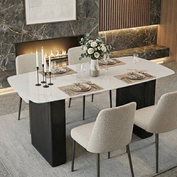 LHYY Modern Rectangular Tempered Glass Dining Table,Marble-Patterned ...