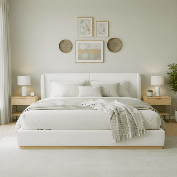 LHYY Modern White Bouclé Winged Bed Frame with Enclosed Wood Base,King ...