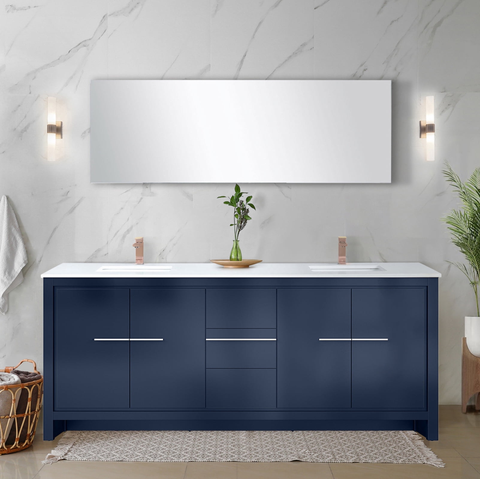 LHYY Navy Blue Double Bath Vanity 80 in. W x 20 in. D,Cultured Marble ...