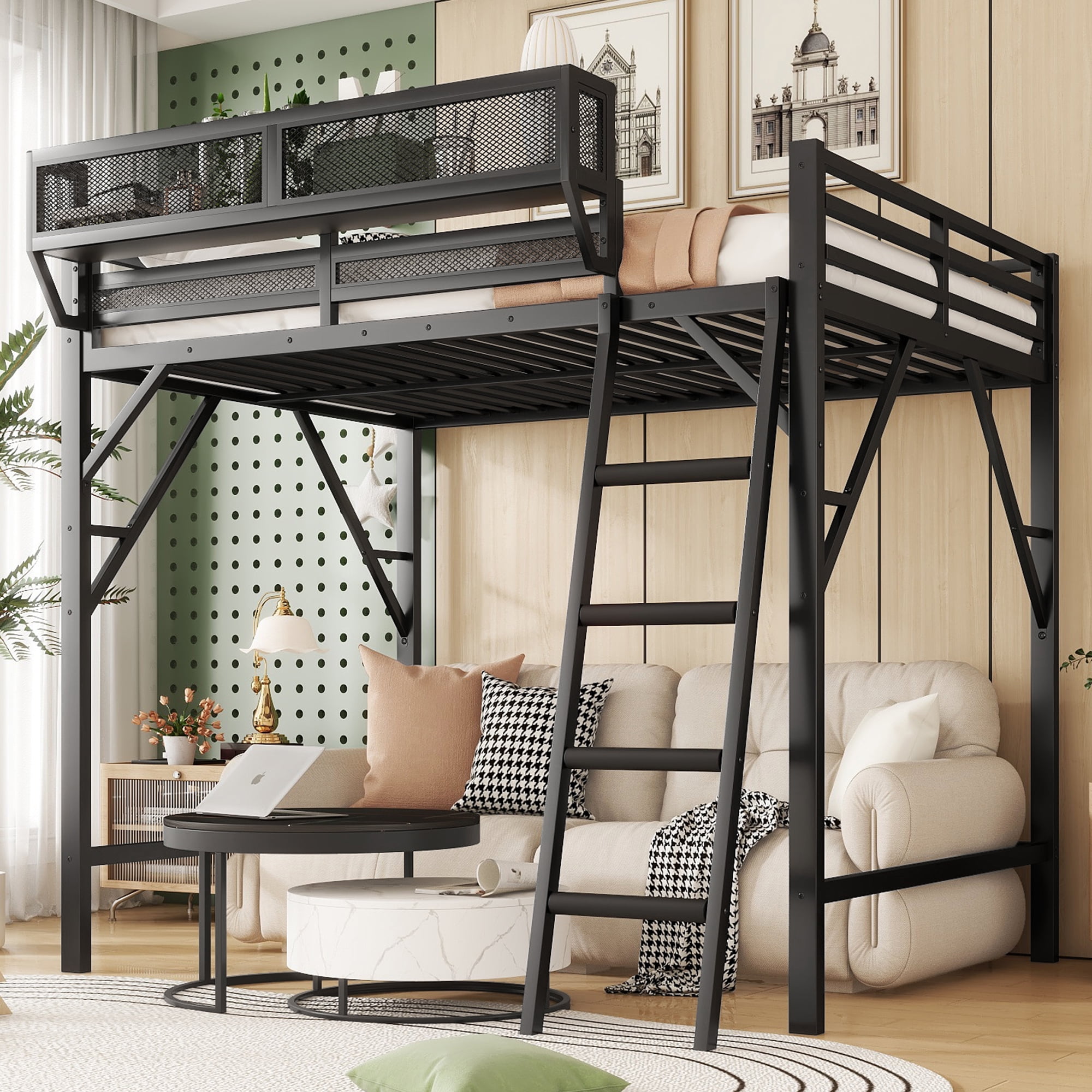 LHYY Queen Size Loft Bed with Ladder,Metal Queen Loft Bed with Storage ...