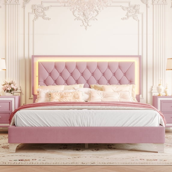 LHYY Queen Size Upholstered Bed Frame with LED Lights,Modern Velvet ...