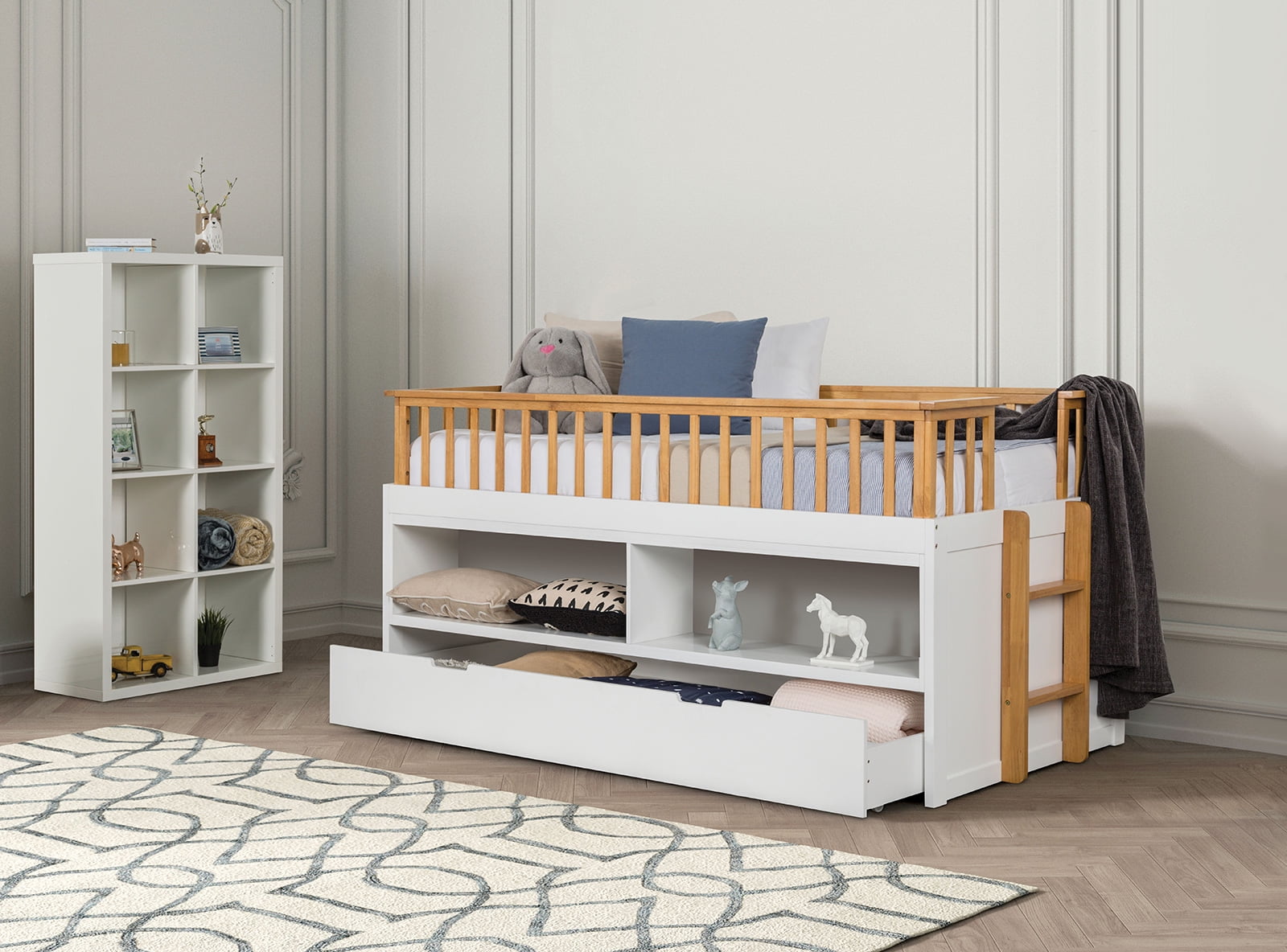 LHYY Twin Captain Bed With Trundle Transitional Style Open Shelves ...