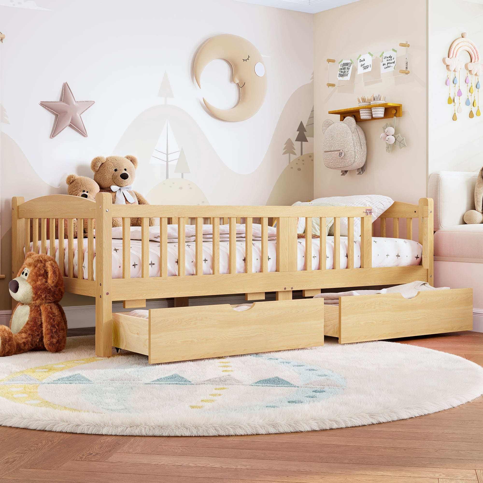 LHYY Twin Platform Bed with Full-length Guardrails, Platform Bed with ...