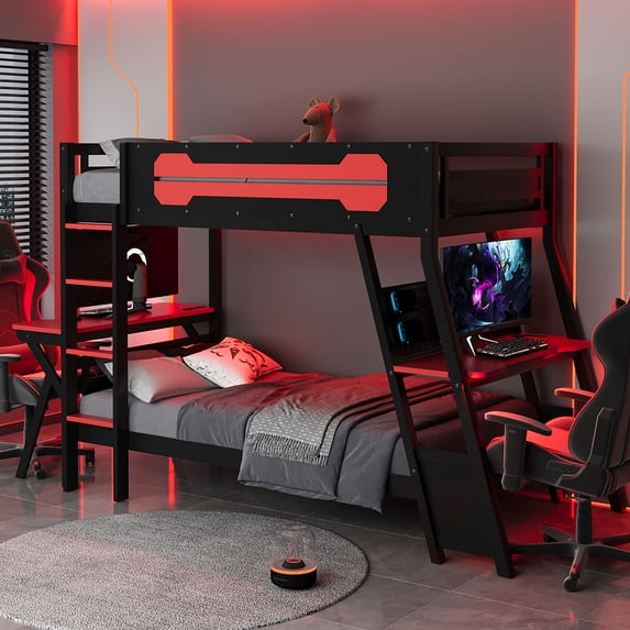 LHYY Twin Size Bunk Bed with Two Built-In Gaming Desks,USB Desktop ...