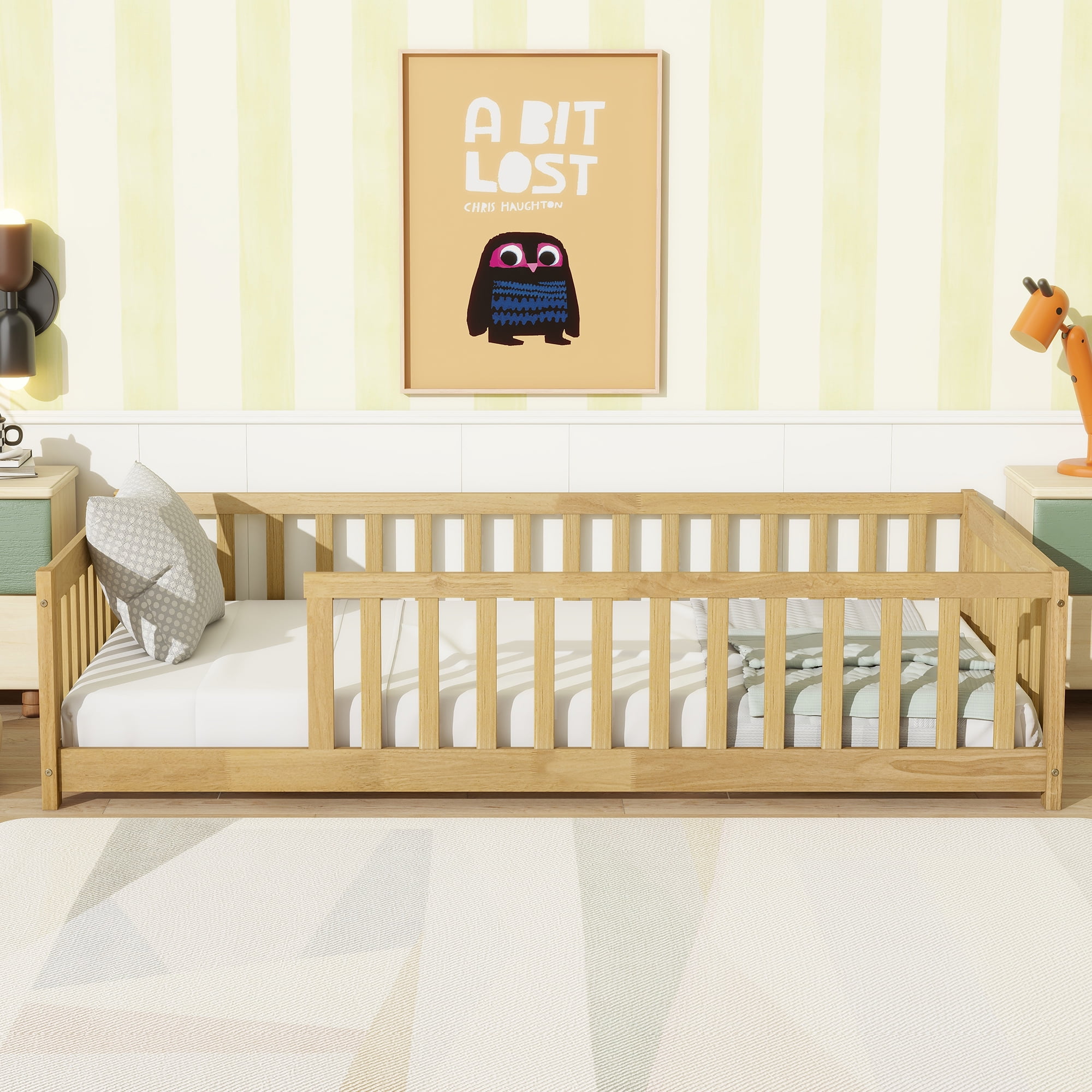 LHYY Twin Size Floor Bed with Fence without Door,Rubber Wood Floor Bed ...