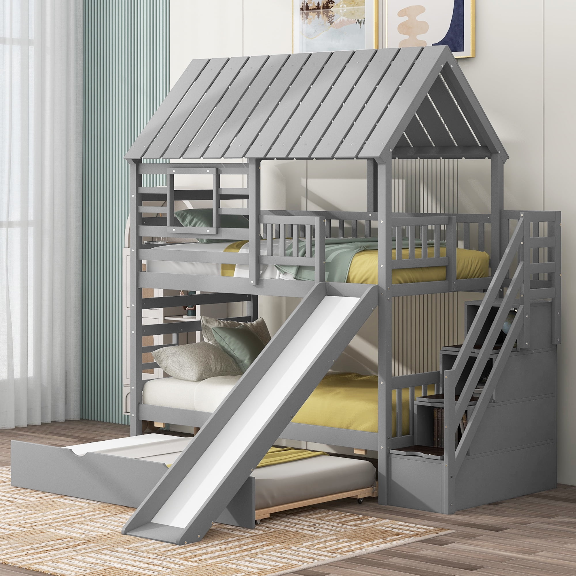 LHYY Twin over Twin House Bunk Bed with Trundle and Slide,Storage ...