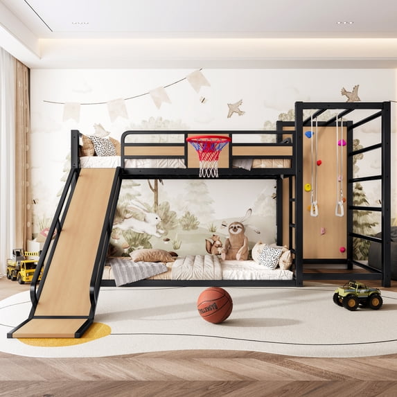 LHYY Twin size metal loft/bunk bed with basketball hoop,pull-up rings ...