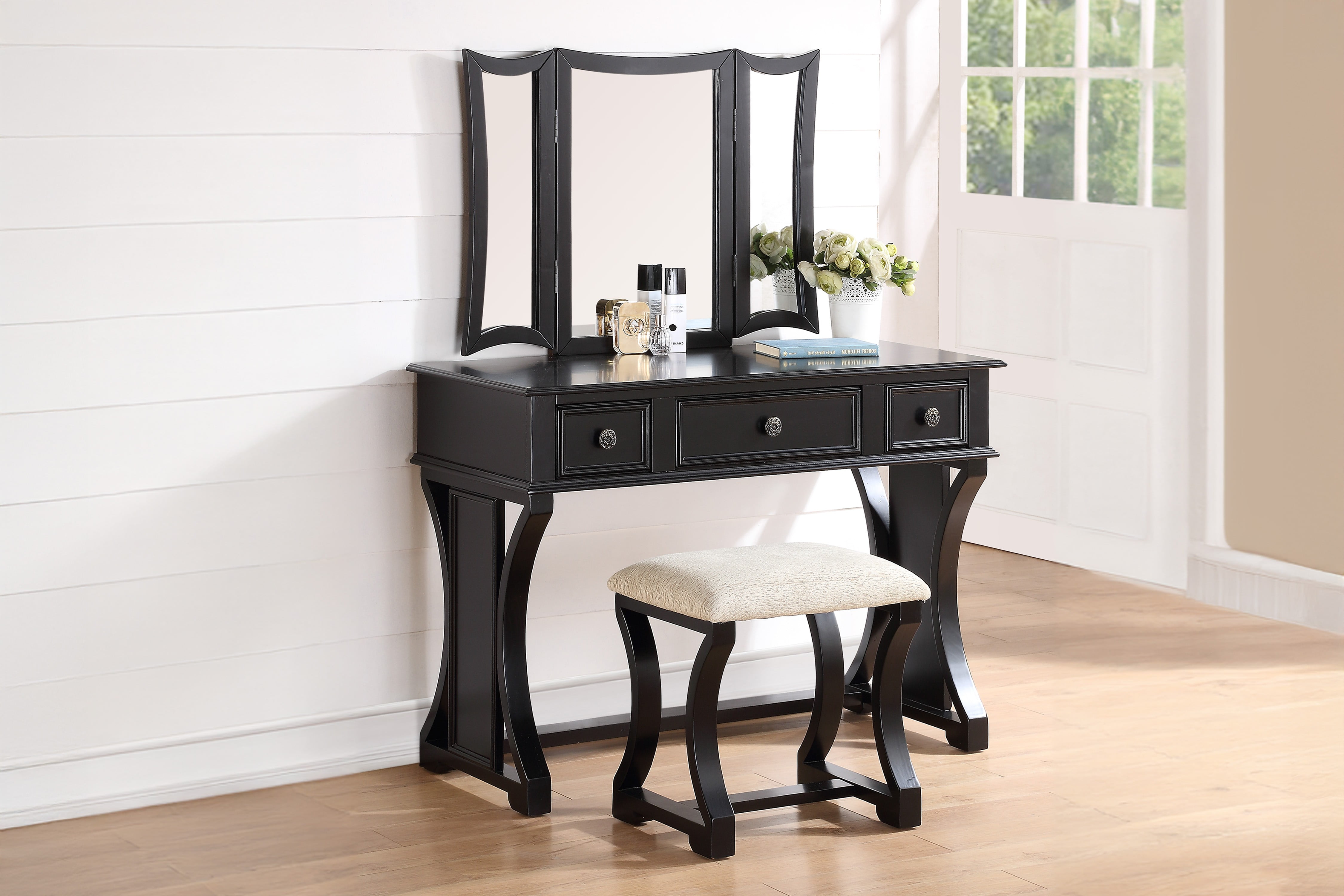 LHYY Unique Modern Bedroom Vanity Set w Stool Foldable Mirror Drawers ...