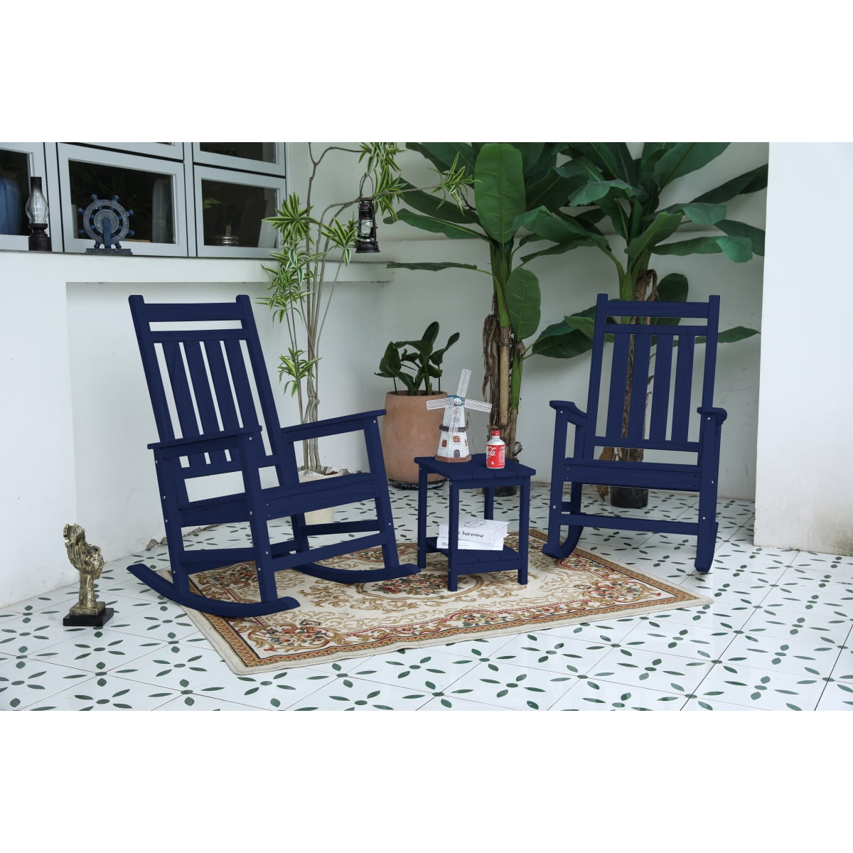 LIANGKA Navy Blue 3-Piece Weatherproof Rocking Chair Set Wood-Textured ...