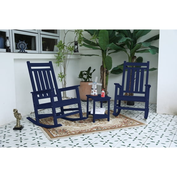 LIANGKA Navy Blue 3-Piece Weatherproof Rocking Chair Set Wood-Textured ...