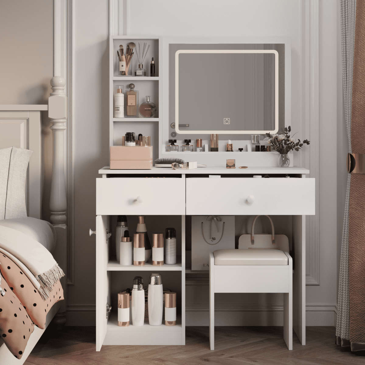 LIANGKA White Makeup Vanity Table with LED Lighted Mirror 3 Color ...