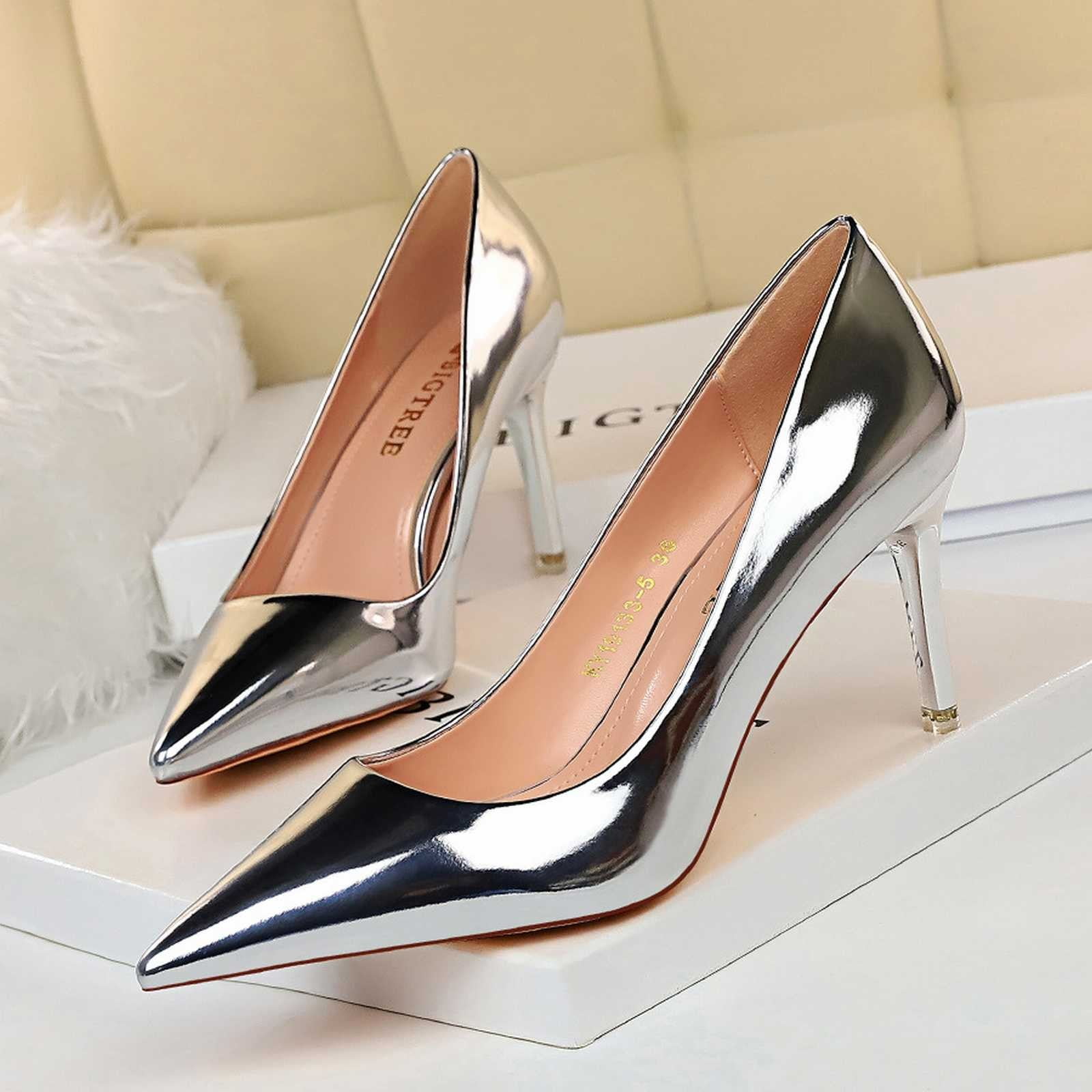 LIANGP Women's High Heels Fashionable Metal Heel High Heels Metallic ...