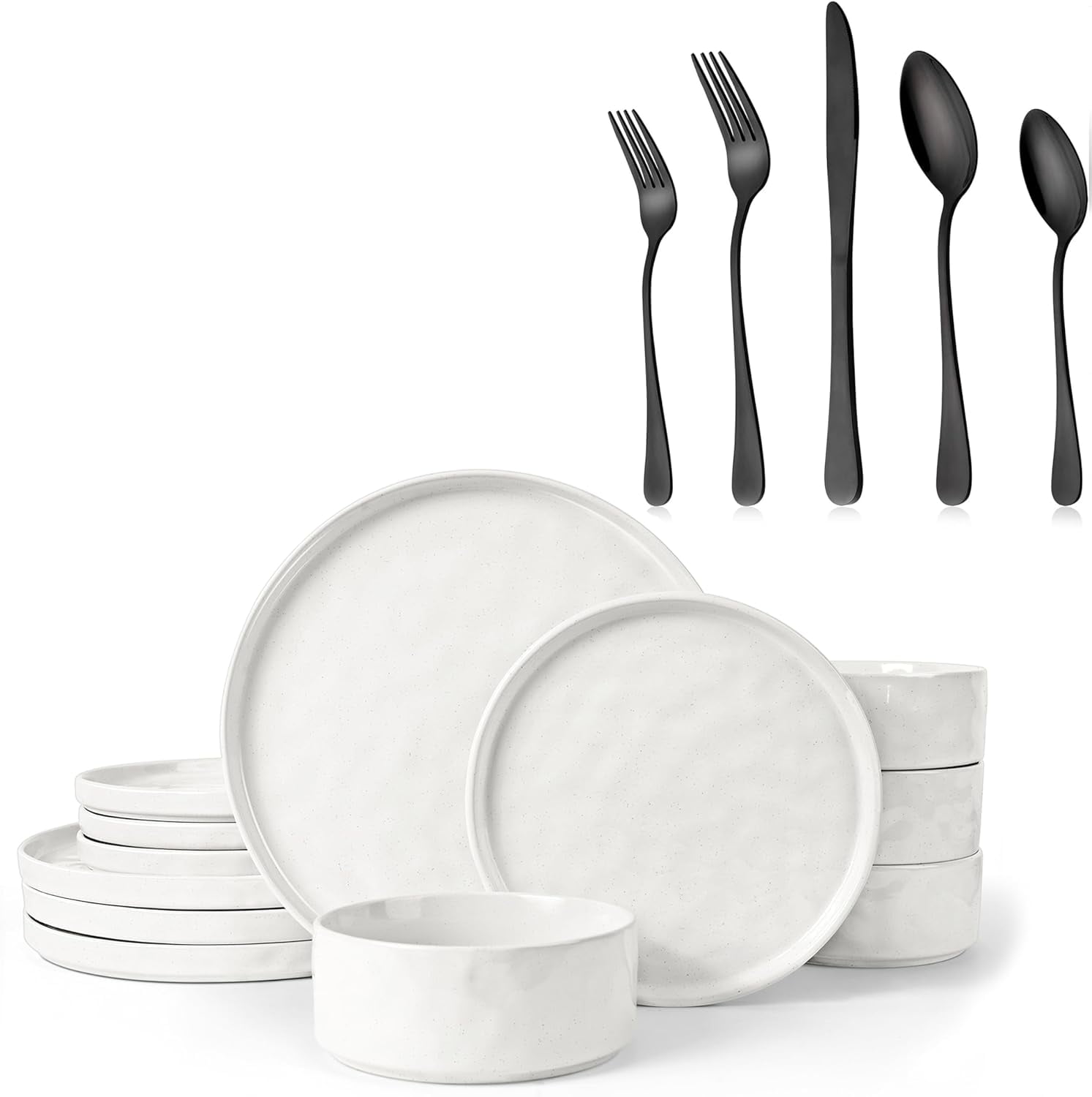 LIANYU 32 Piece Dinnerware Set with Black Silverware, Stoneware Plates ...