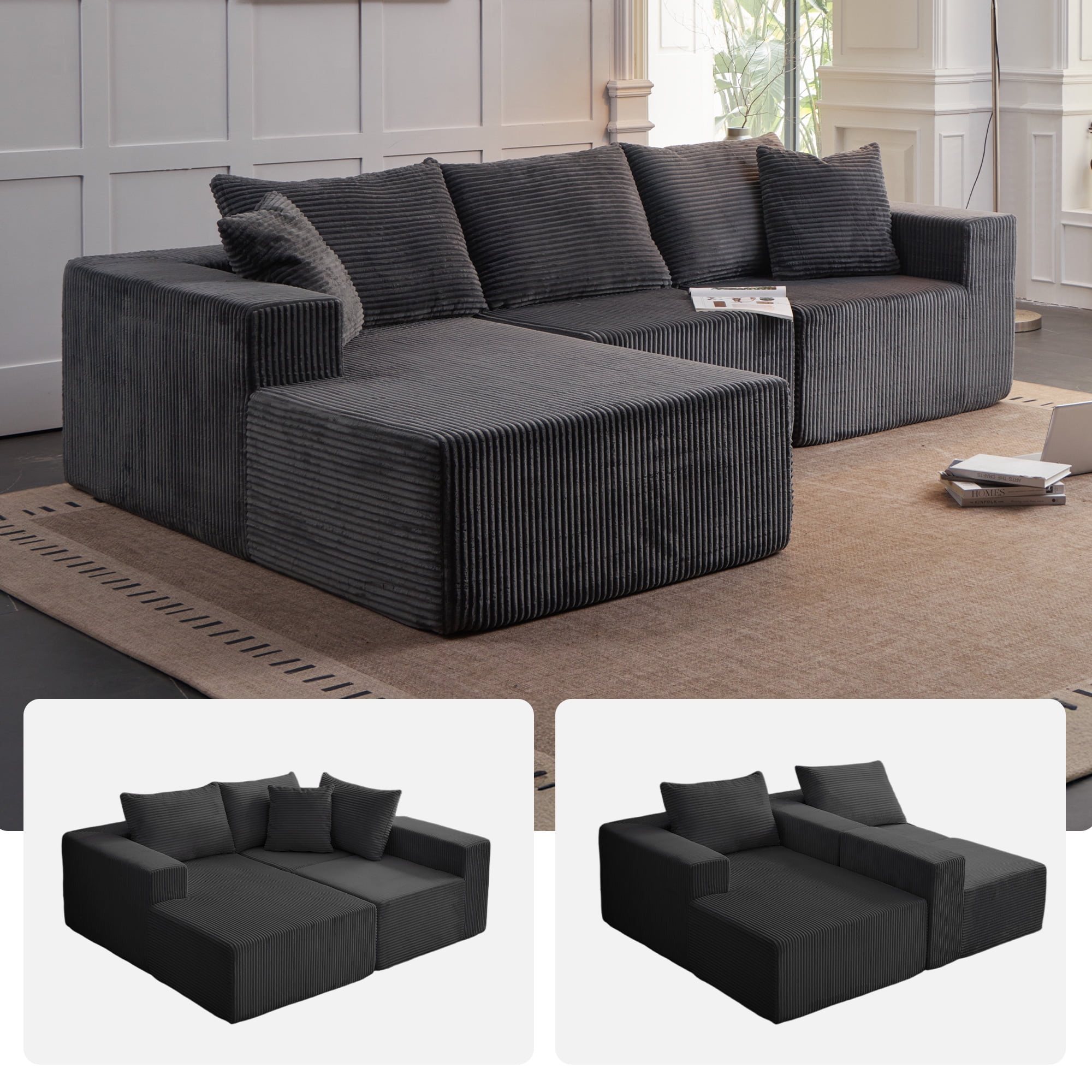 LIAROO 108” Modular Sectional Sofa Couch with Chaise, Deep Seat Cloud L ...