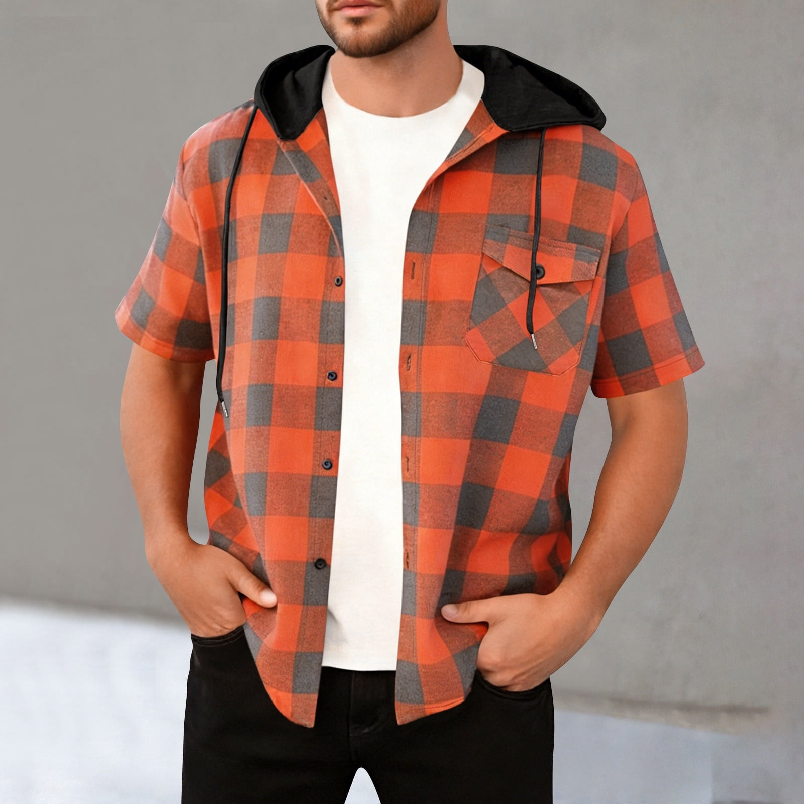 LIBRCLO Mens Casual Button Down Shirts Short Sleeve Plaid Hooded Shirts ...