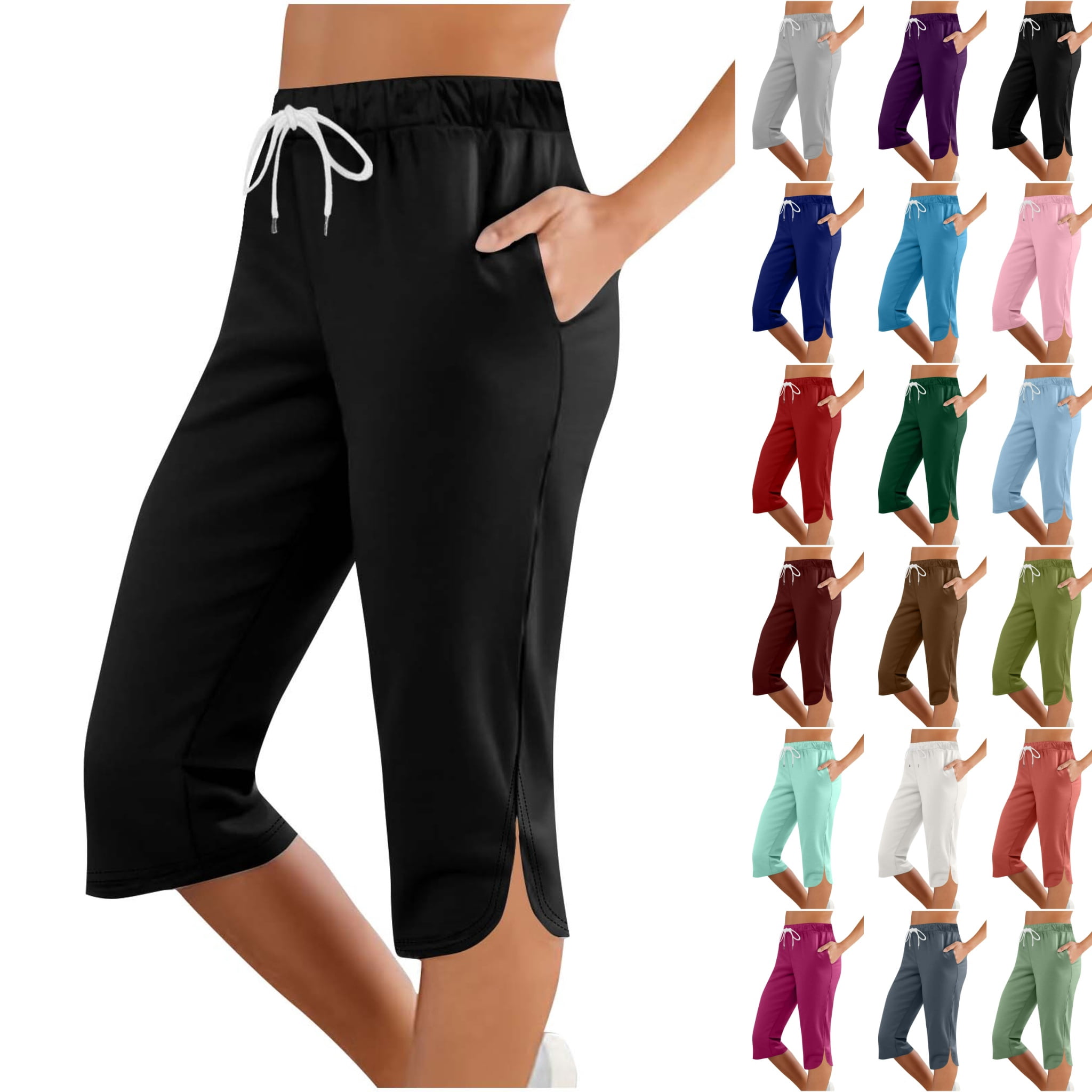 Womens Capri Pants Drawstring Elastic Waist Solid Color Pants with Side ...