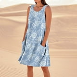 LIBRCLO Womens Dresses Sleeveless Crew Neck Printed Sundresses with ...