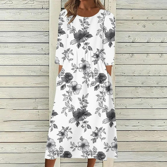 LIBRCLO Womens Dresses Summer Casual Crew Neck 3/4 Sleeve Sundress with ...