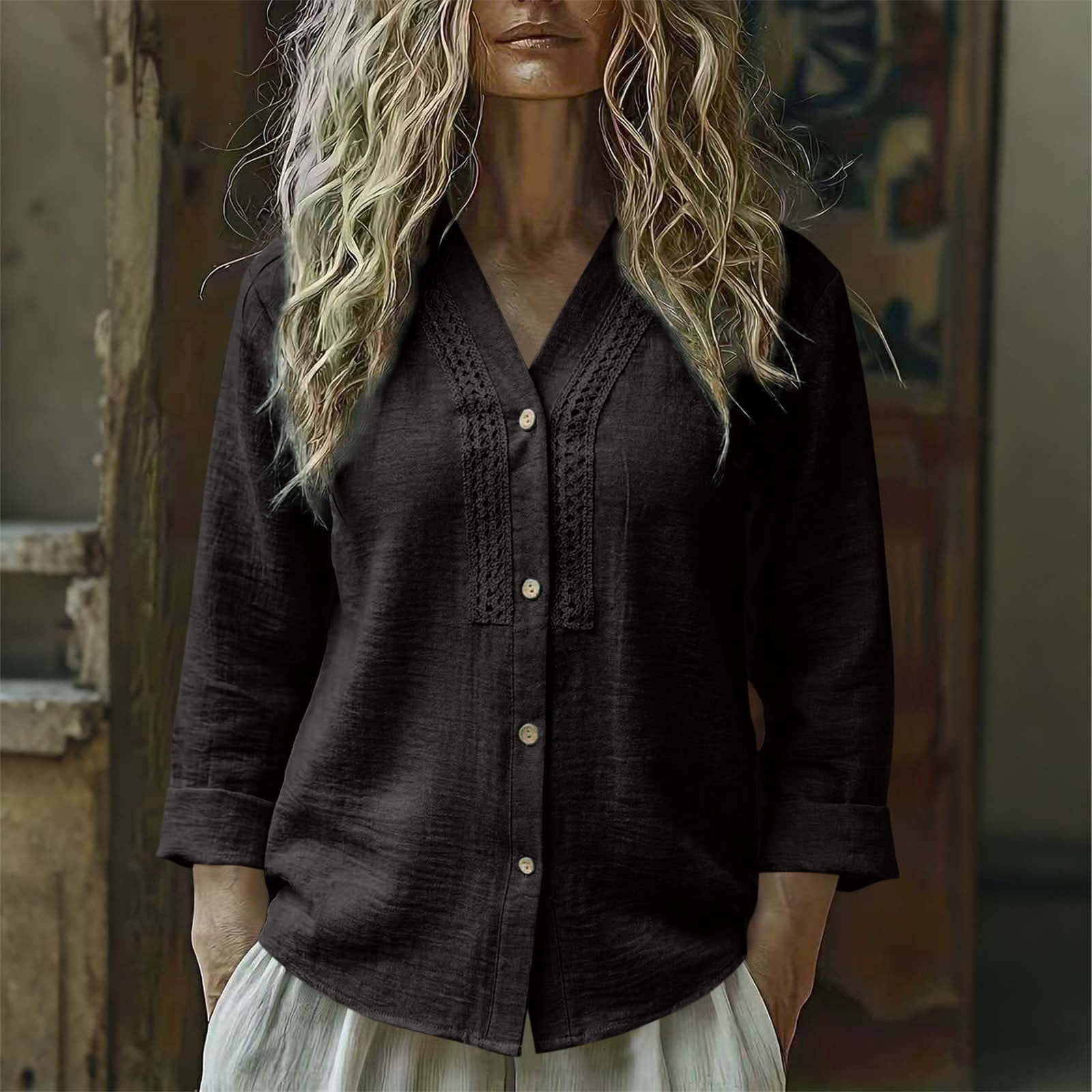 LIBRCLO Womens Linen Shirts Fashion Spring And Summer Tops Solid Color ...