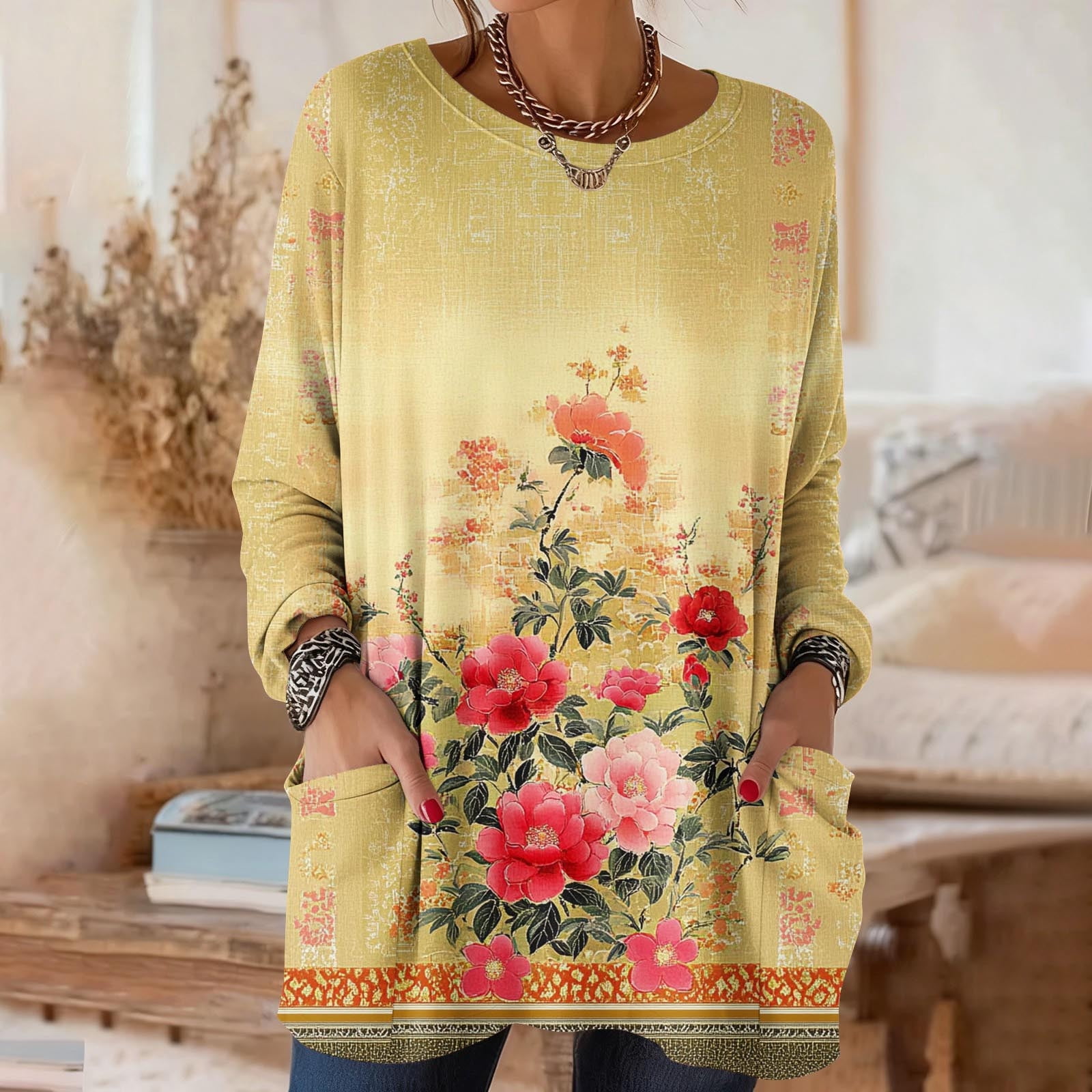 LIBRCLO Womens Tops Crew Neck Long Sleeves Print Shirts with Pockets ...