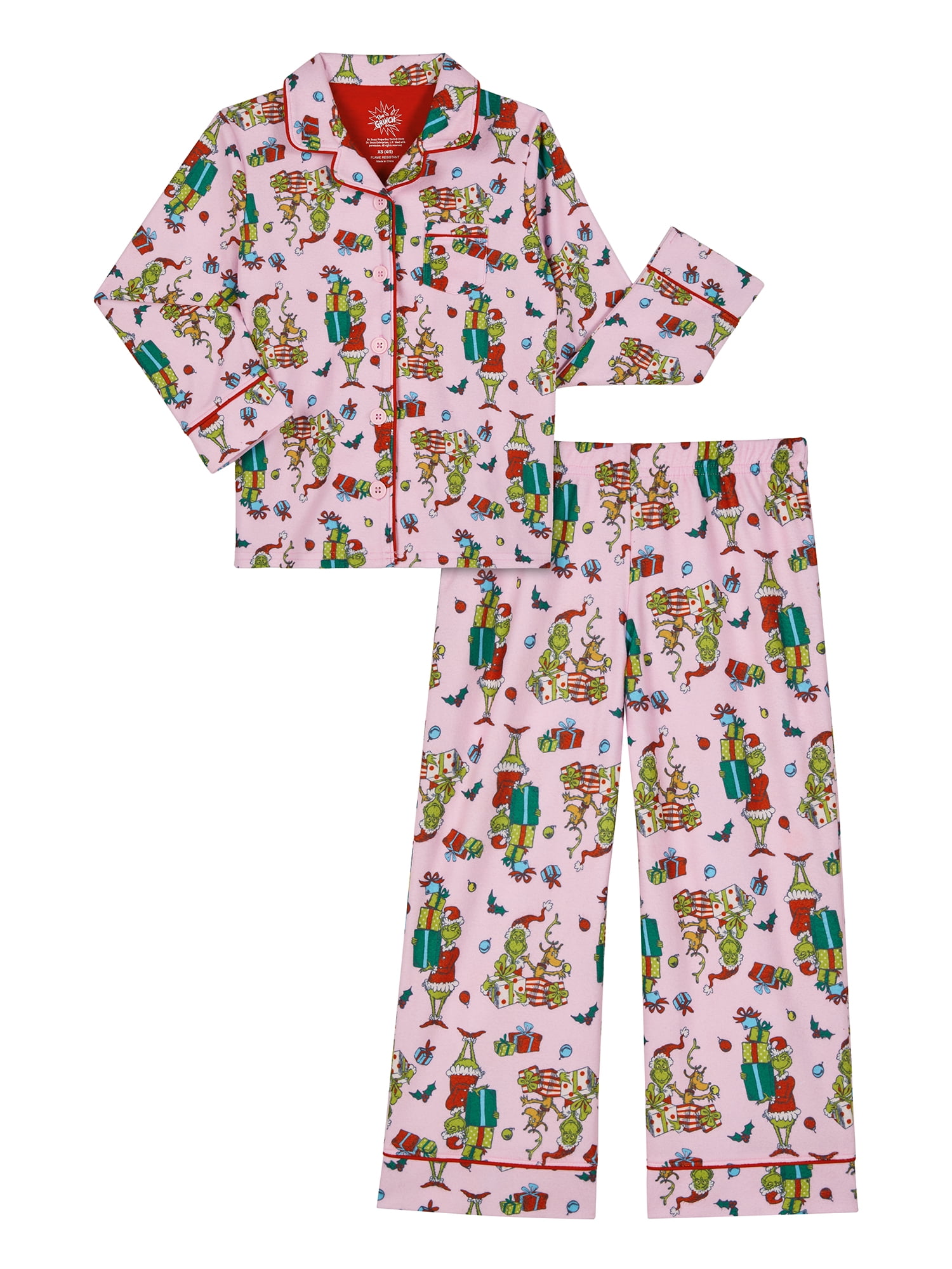 Grinch Girls Notch Collar Top and Sleep Pants Pajama Set, 2-Piece, Size ...