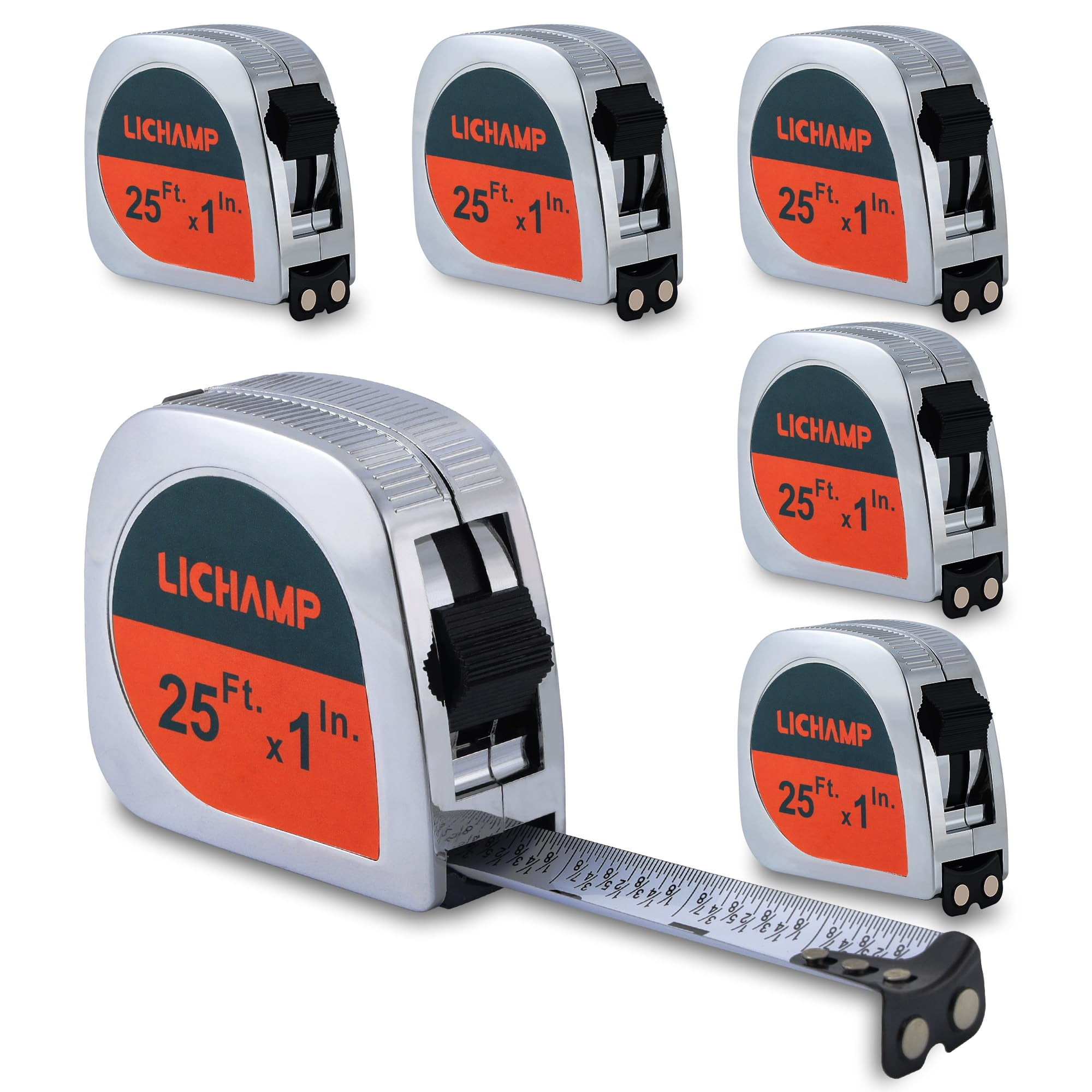 LICHAMP Tape Measure 25 ft with Magnetic, 6 Pack Bulk Easy Read Chrome ...