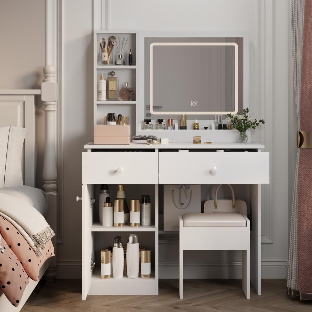 LICOME Makeup Vanity Desk with Sliding Lighted Mirror & Power Outlet ...