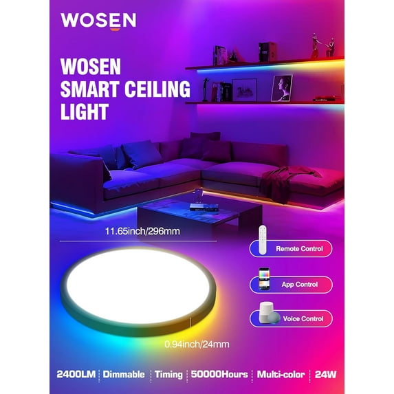 LIDUI-1 Pack 12 Inch RGB LED Flush Mount Ceiling Light with Night Light ...