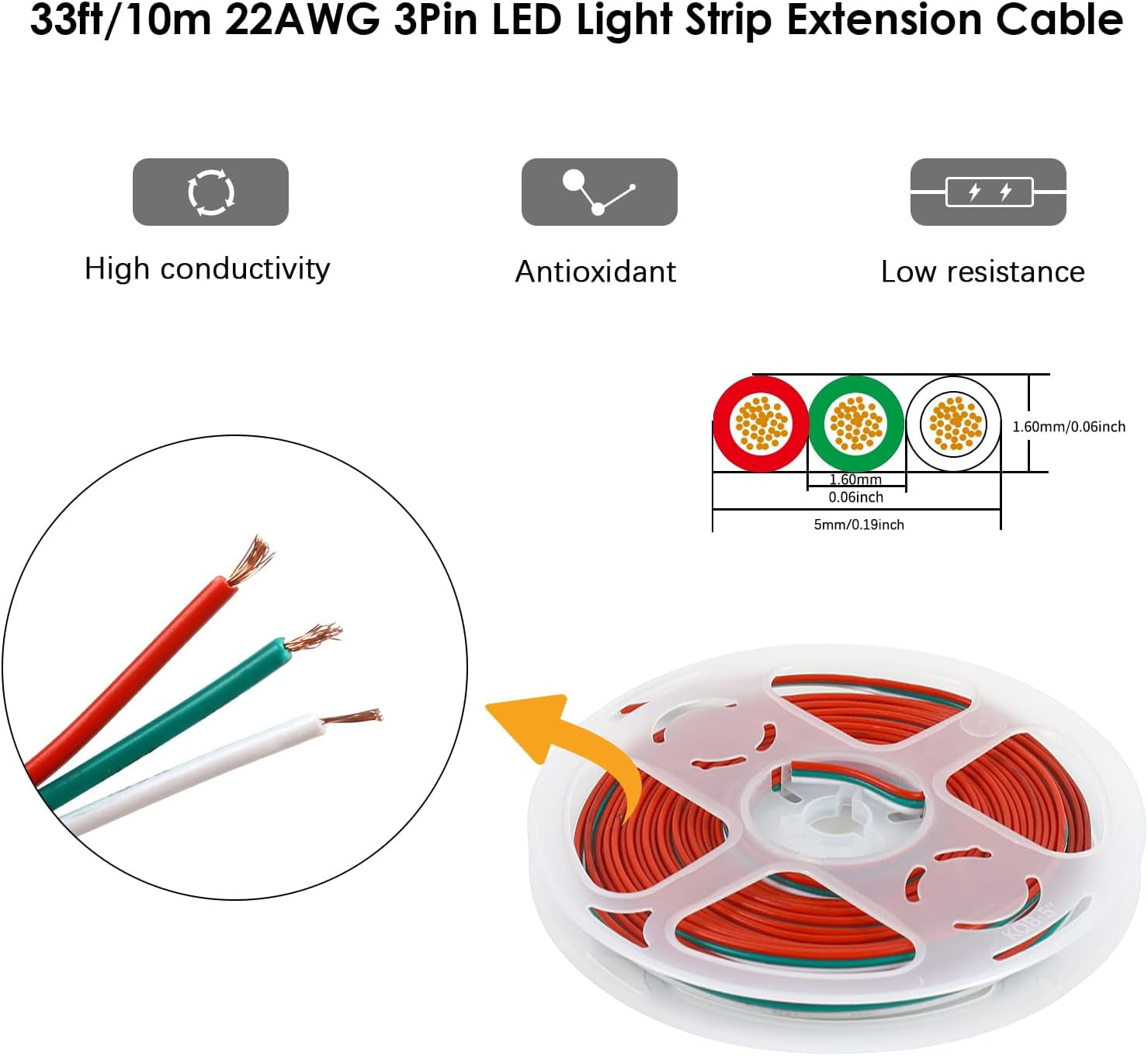 LIDUI-10 Meters 22AWG 3PIN LED Light Strip Cable Cord, Extension Cable ...