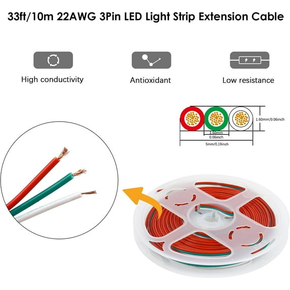 LIDUI-10 Meters 22AWG 3PIN LED Light Strip Cable Cord, Extension Cable ...